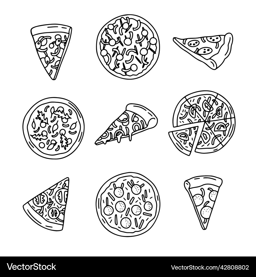 Outline drawing pizza slices whole Royalty Free Vector Image