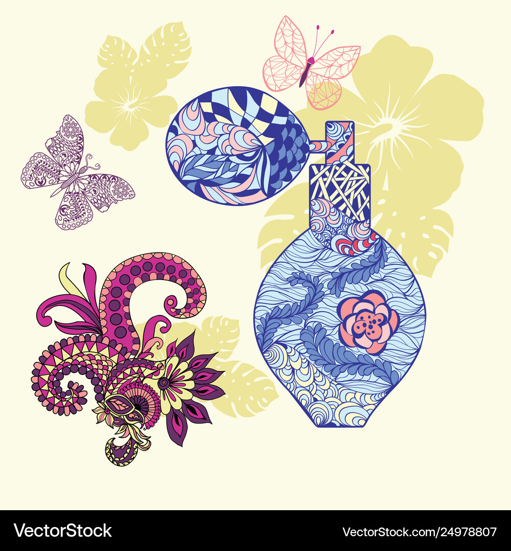 Perfume bottle and background with flowers and Vector Image