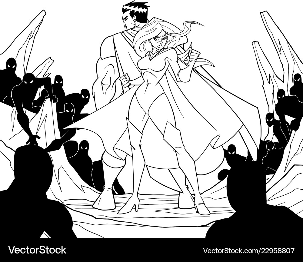 Superhero couple back to back line art Royalty Free Vector