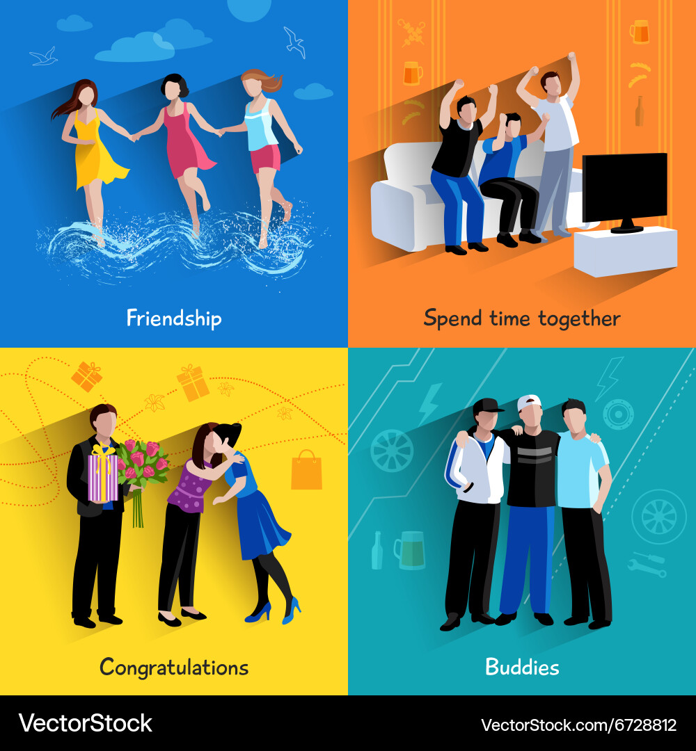 Friends buddies 4 flat icons square Royalty Free Vector