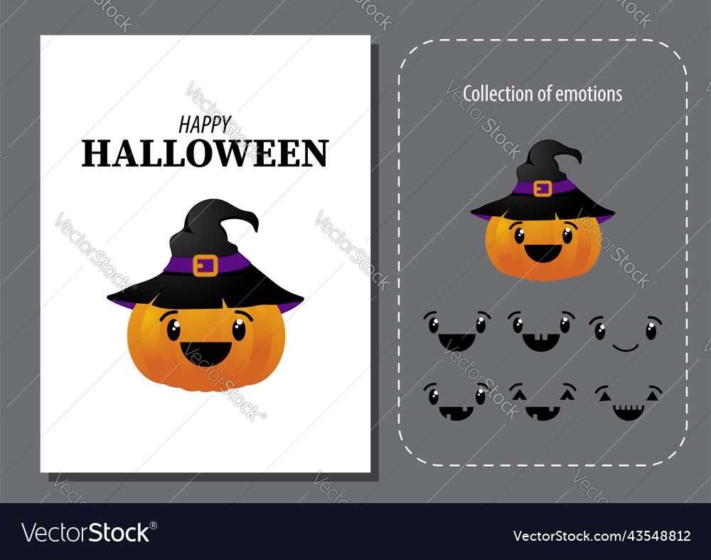 Halloween card with pumpkin wearing witch hat Vector Image