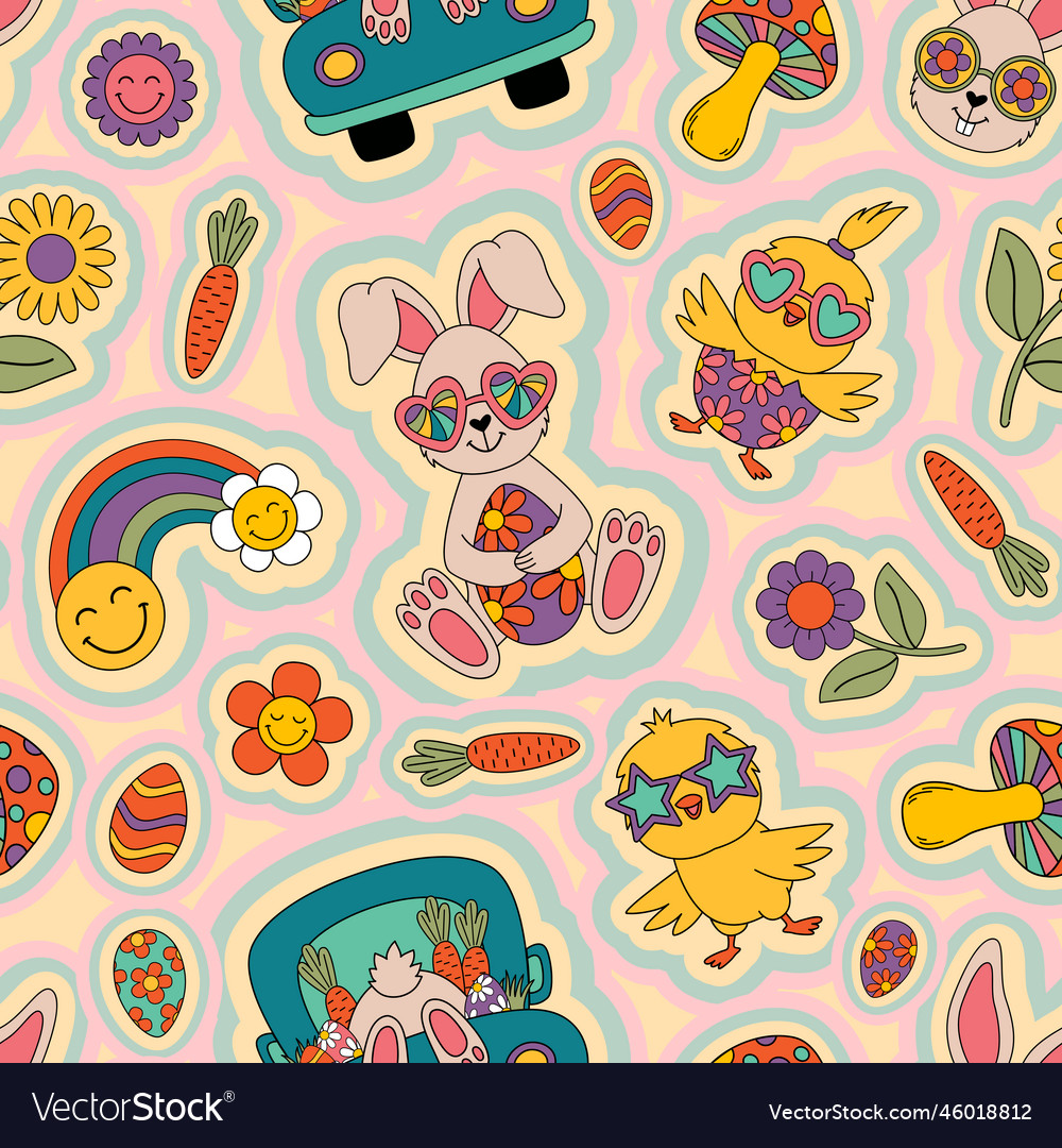 Seamless pattern with retro groovy easter elements