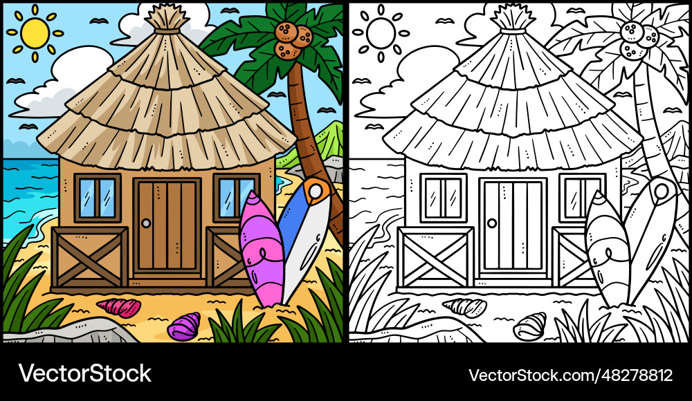 Summer tropical hut coloring page Royalty Free Vector Image