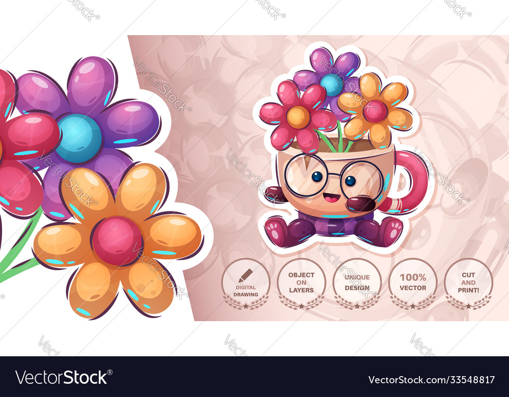 Cup with flower - cute sticker Royalty Free Vector Image