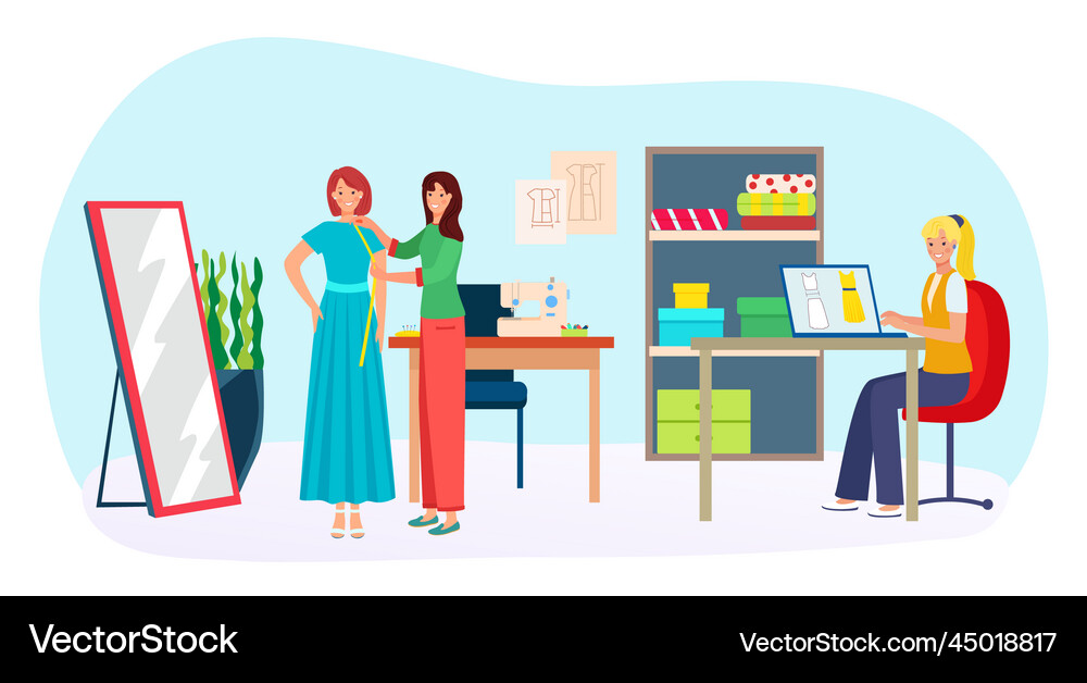 Designer sewing clothing from fabric Royalty Free Vector