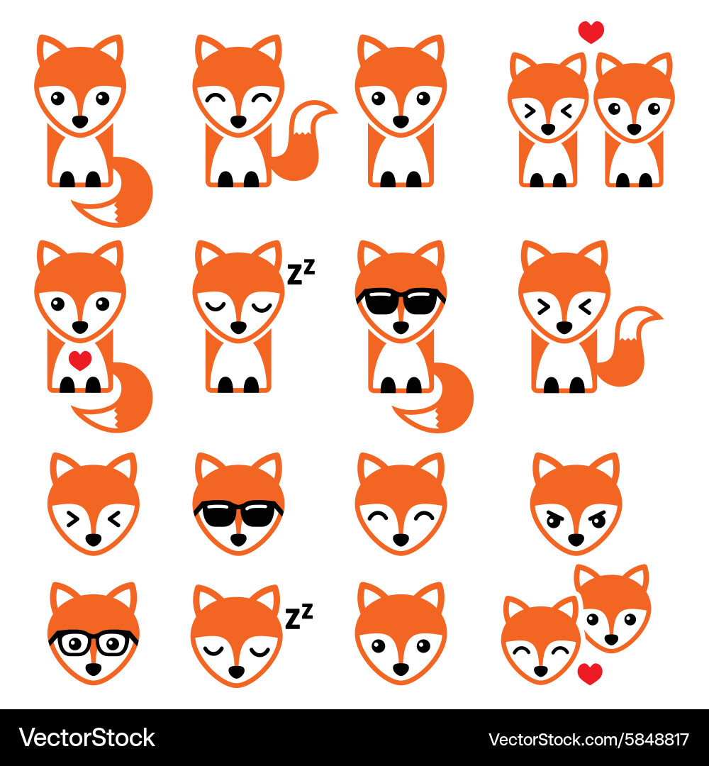 Fox cute character icons wildlife Royalty Free Vector Image