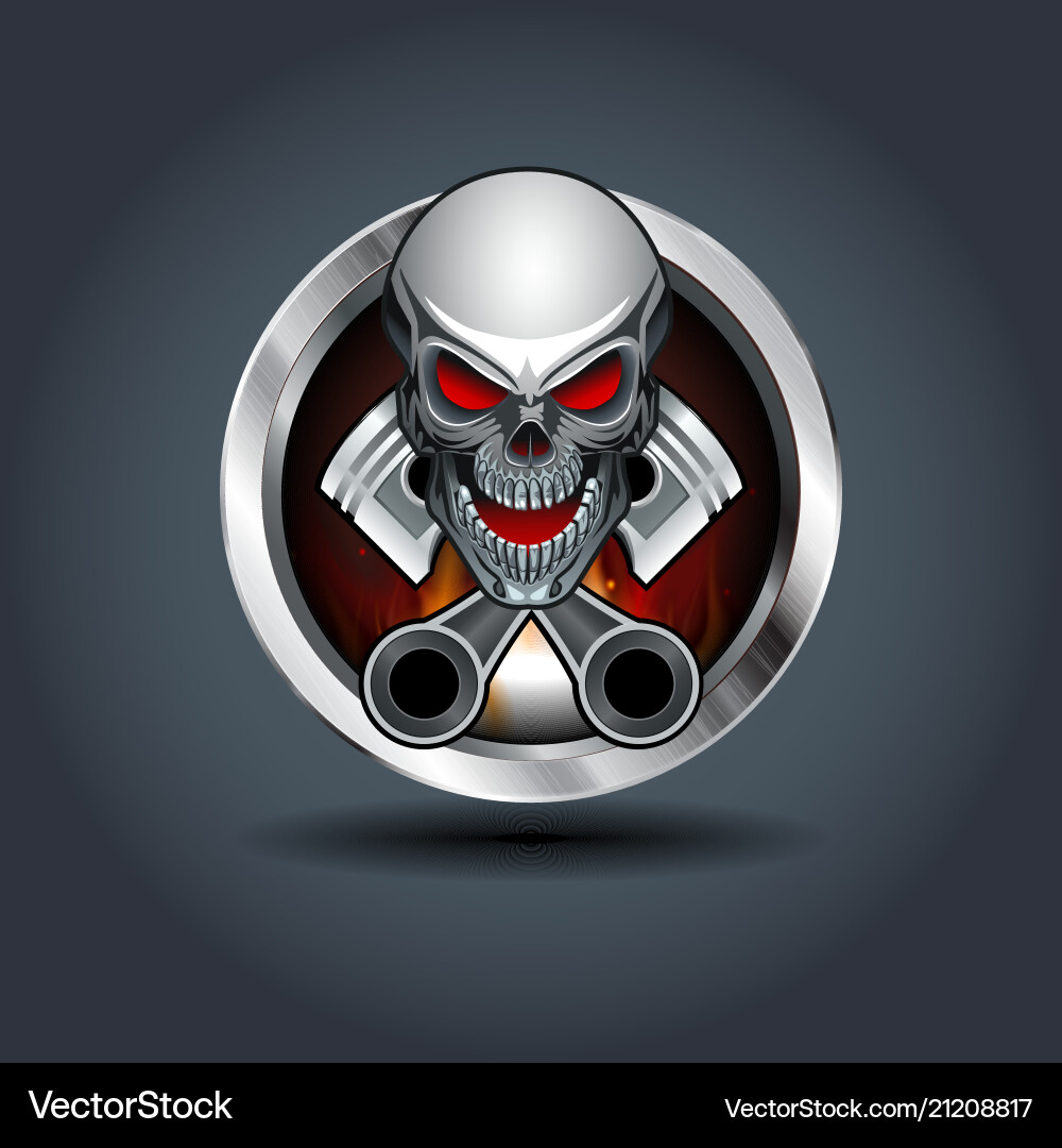 Skull and two pistons steely rounded badge icon Vector Image