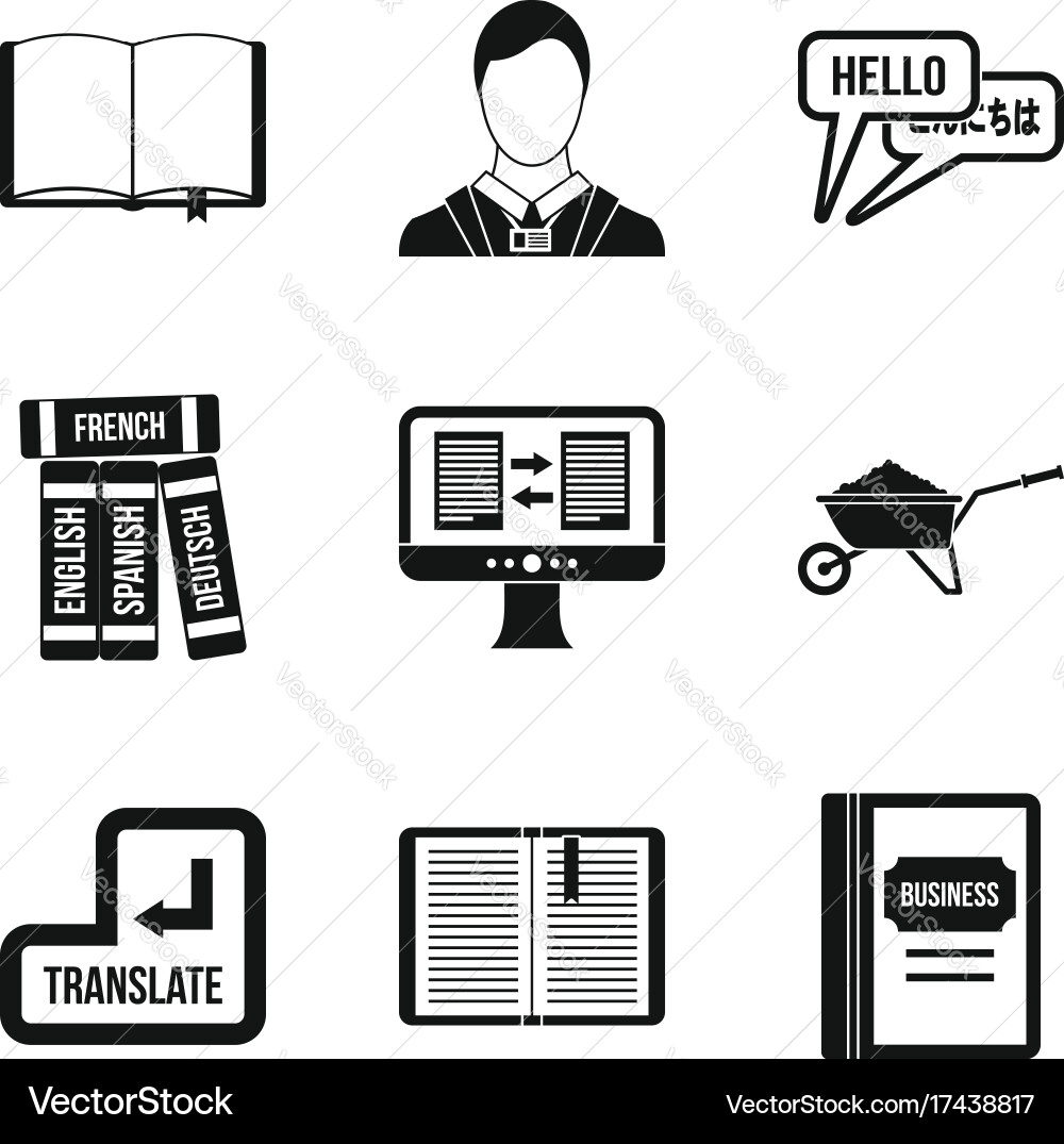 Translation book icons set simple style Royalty Free Vector