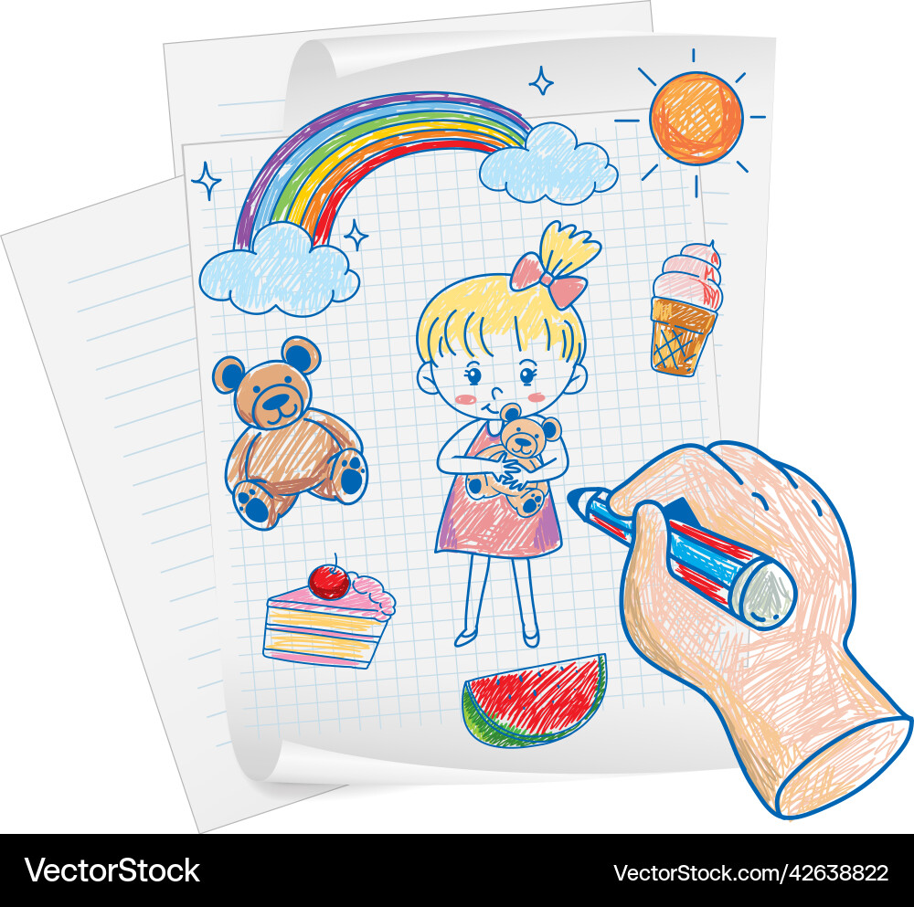 Coloured hand drawn cute girl and objects Vector Image