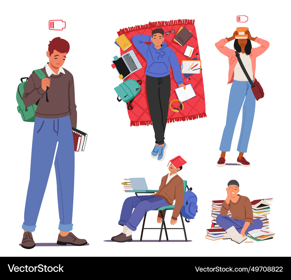 Exhausted students huddle over textbooks weary Vector Image