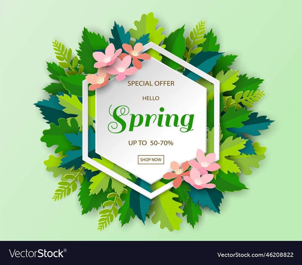Paper art spring banner on hexagon frame Vector Image