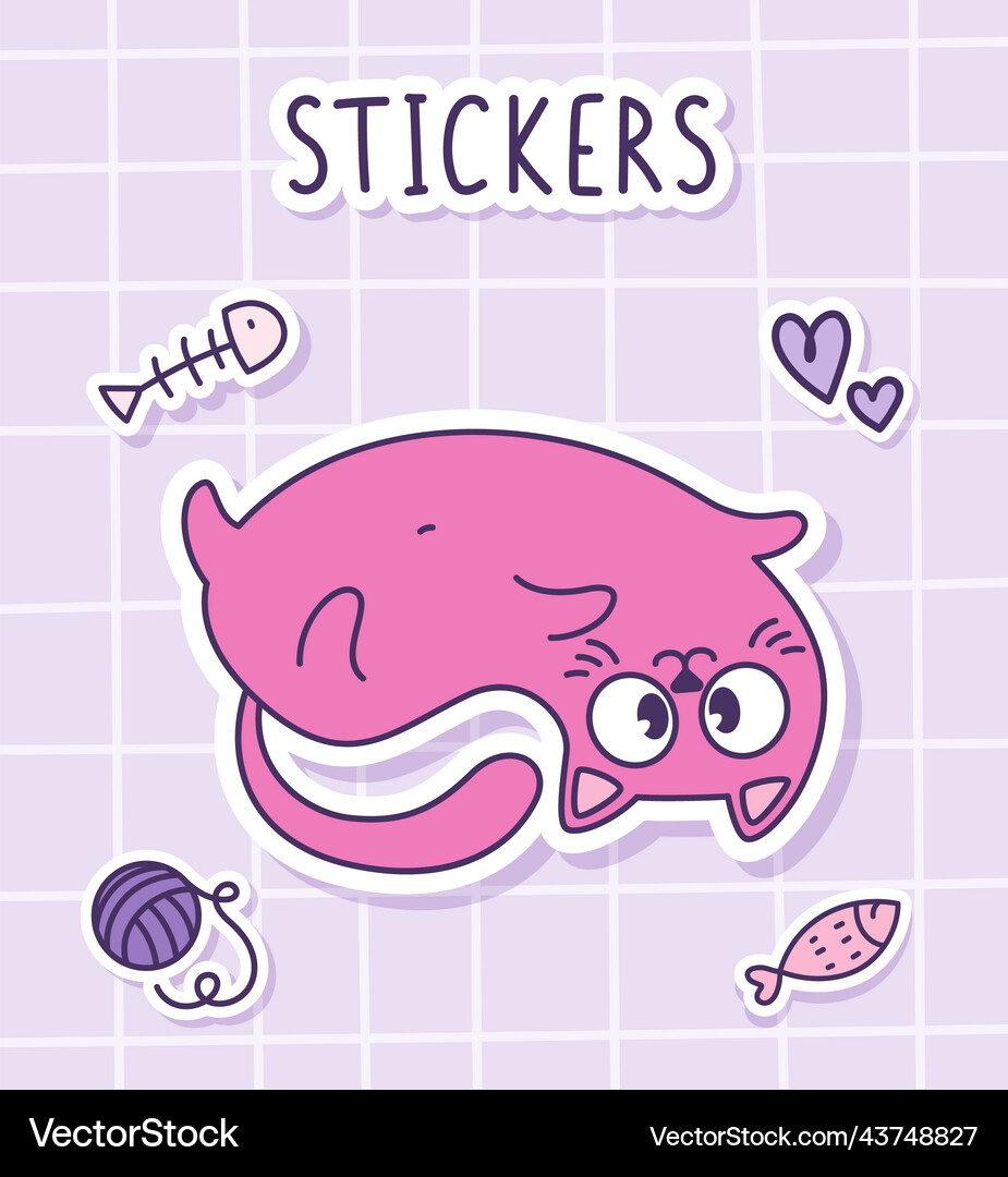 Cute cartoon pink cat plays lying sticker Vector Image