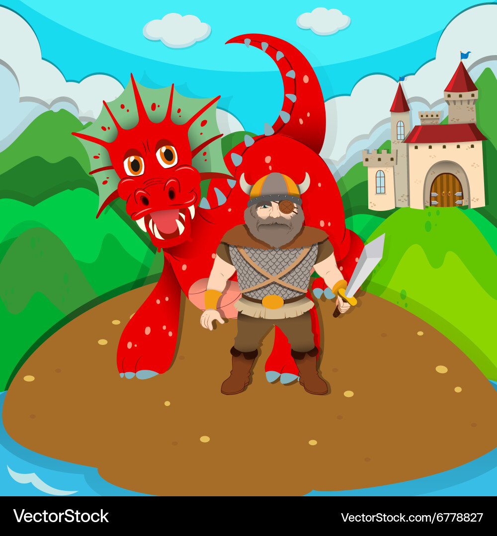 Viking and dragon on island Royalty Free Vector Image