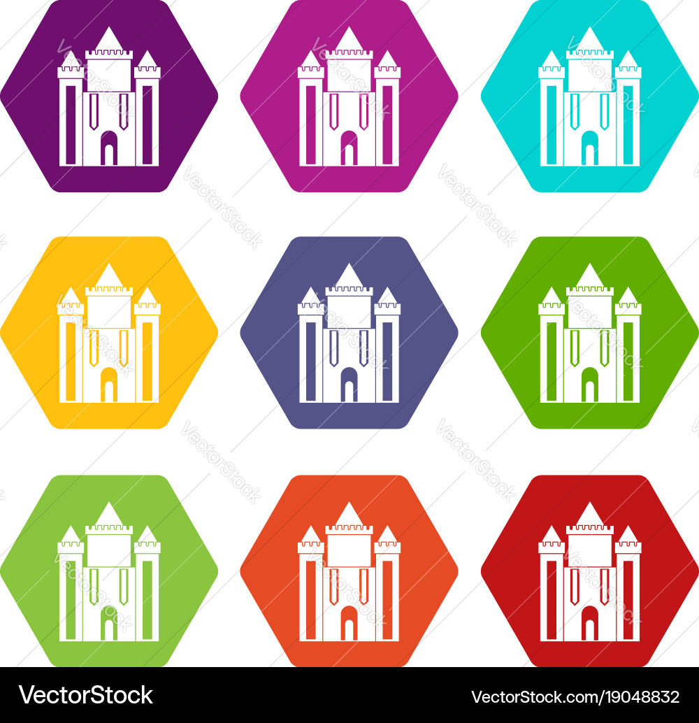 Ancient fort icon set color hexahedron Royalty Free Vector