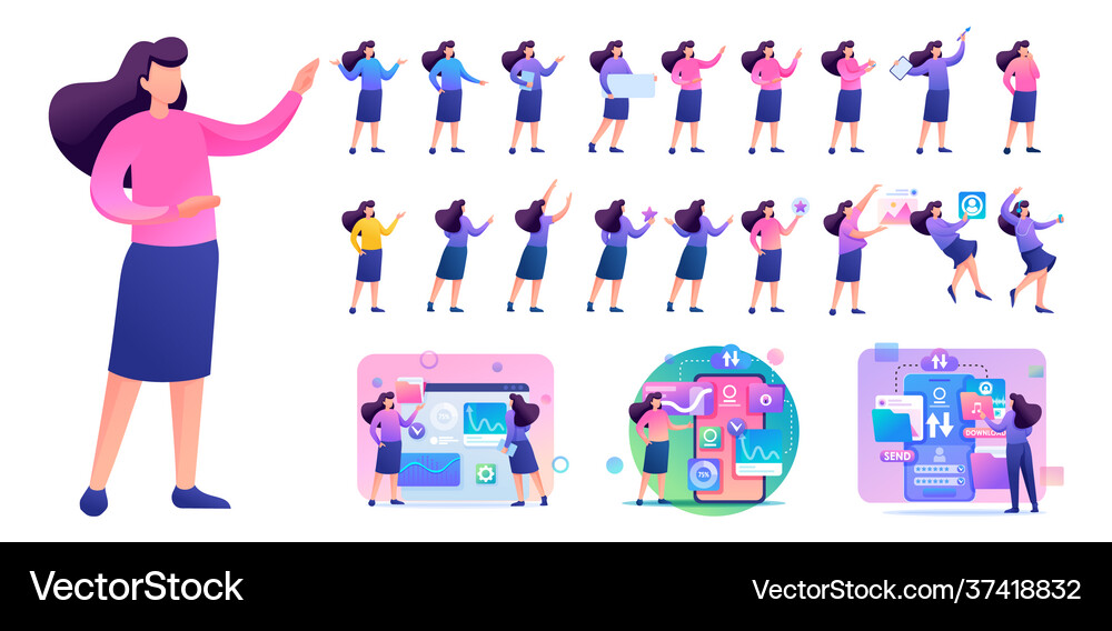 Set young woman presentation in various Royalty Free Vector