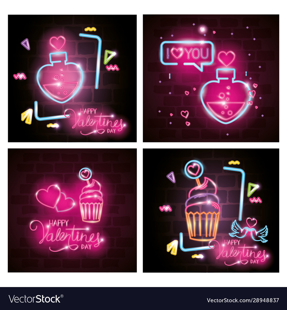 Cards valentine in neon light valentines day Vector Image