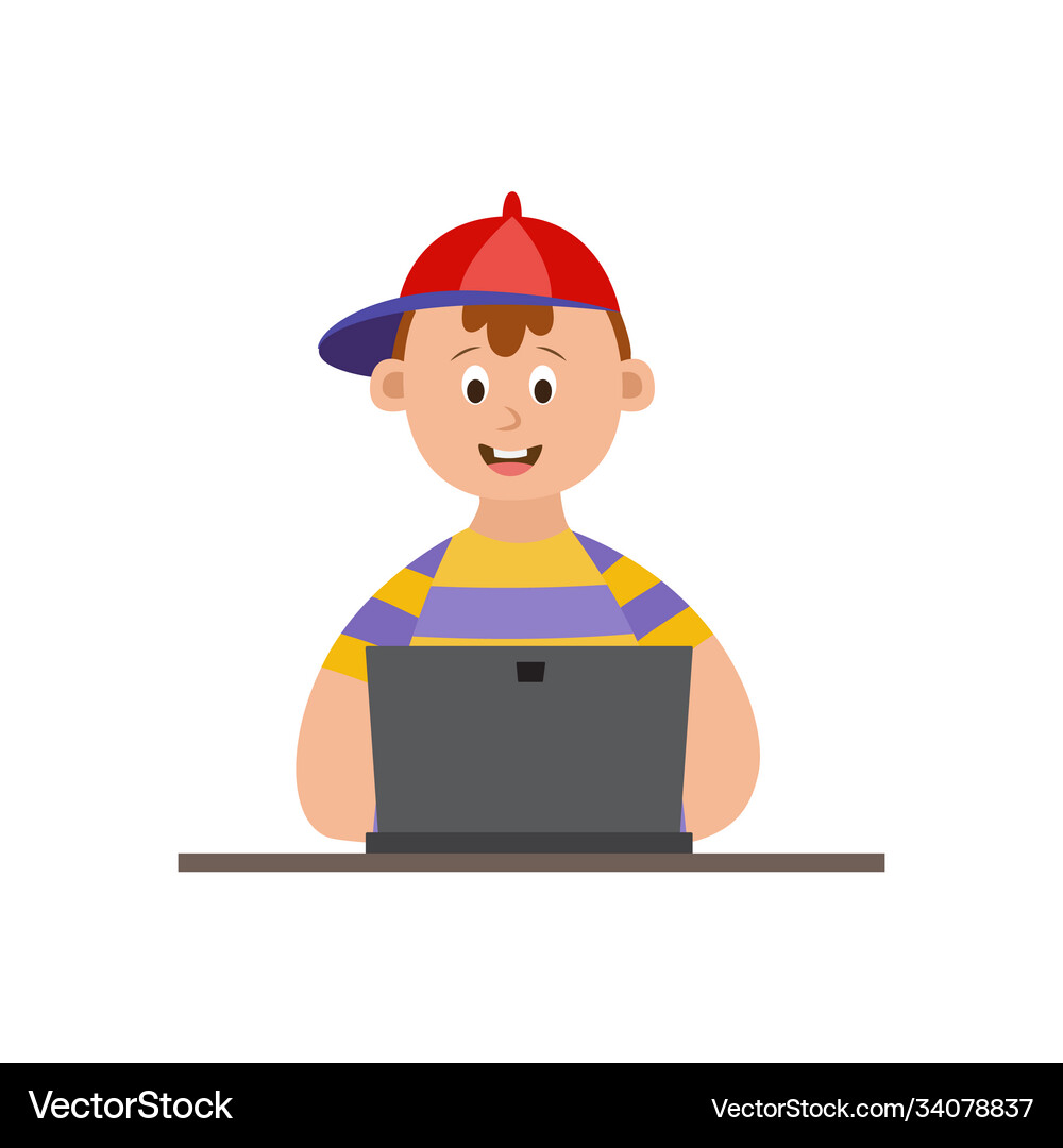Cartoon boy using laptop and smiling - online Vector Image
