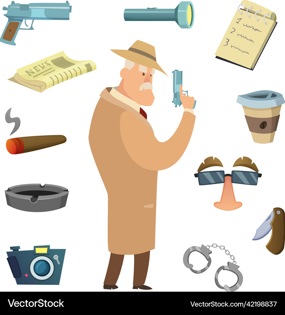 Different tools for detective icons in cartoon Vector Image