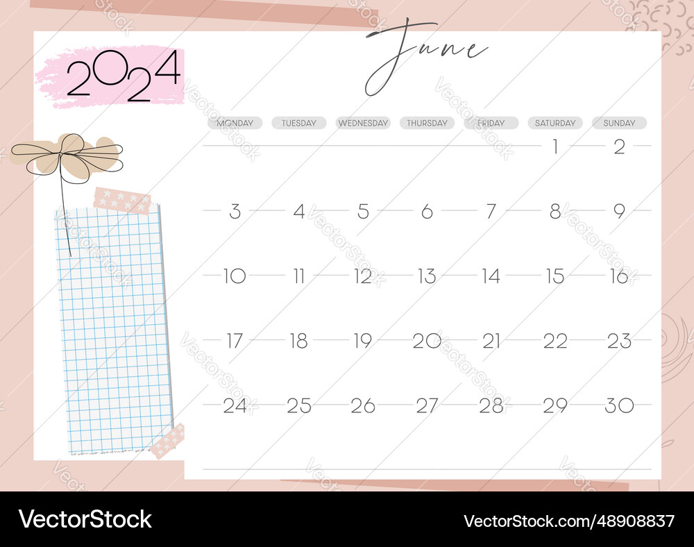 Monthly planner calendar 2024 june Royalty Free Vector Image