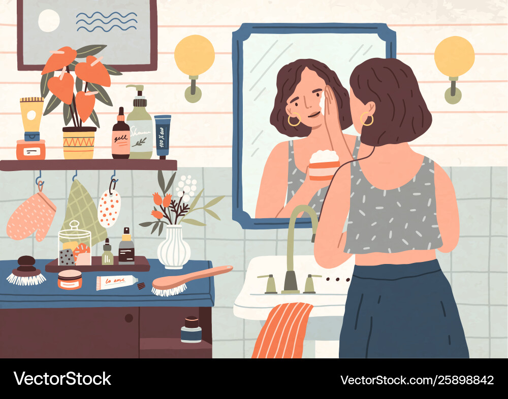 Cute young woman standing in front mirror Vector Image