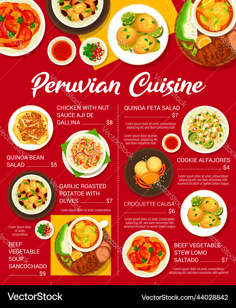 Peruvian cuisine restaurant food menu template Vector Image