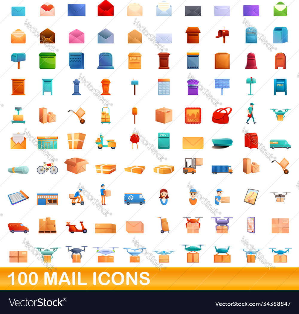 100 mail icons set cartoon style Royalty Free Vector Image