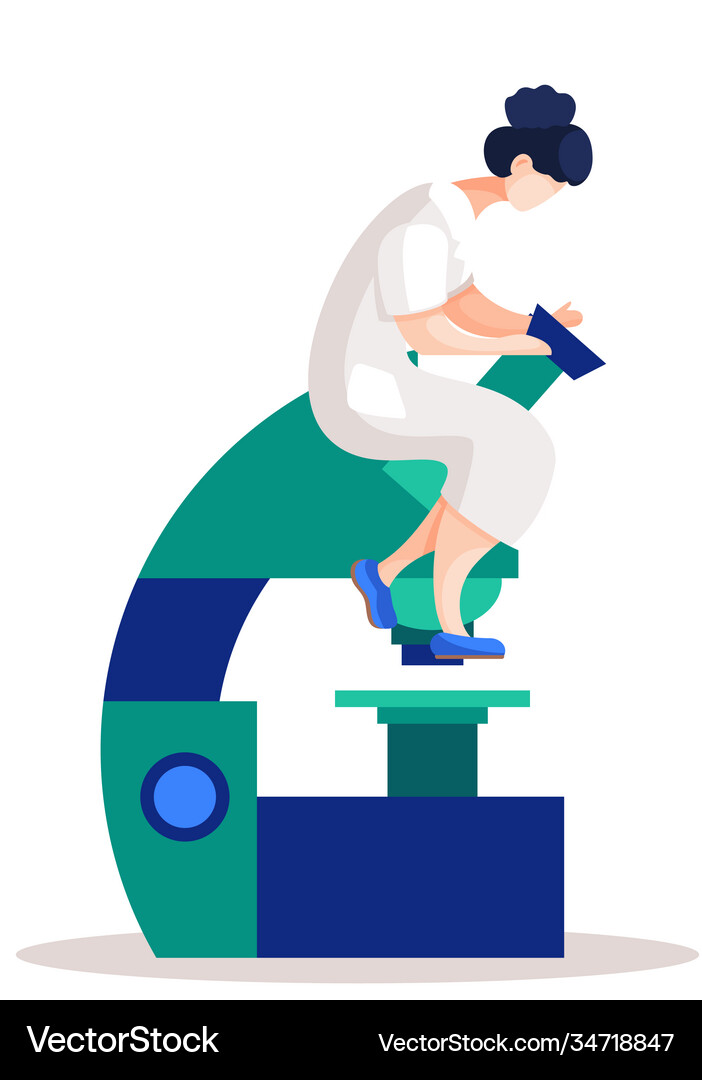 Girl sits on microscope and looks through Vector Image