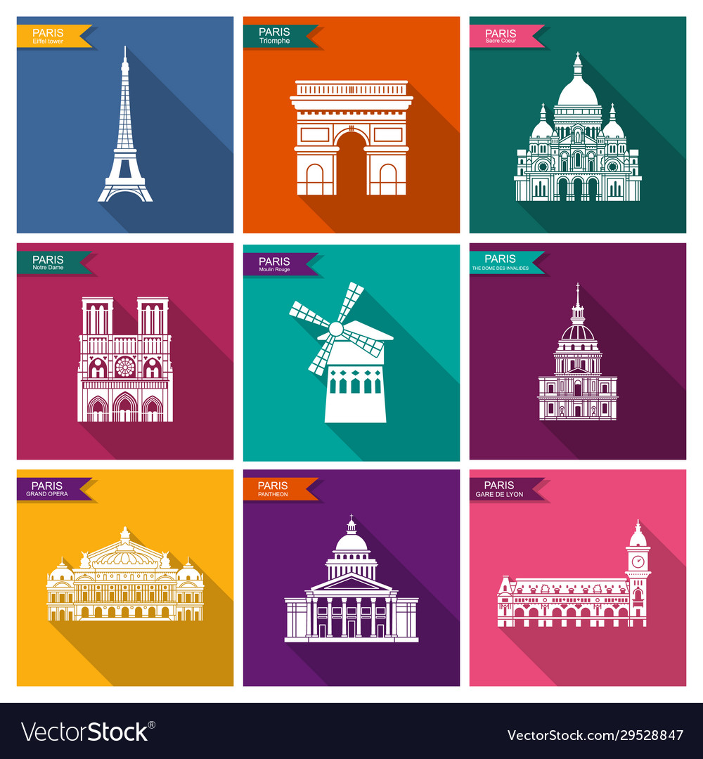 Paris landmarks and monuments flat icons Vector Image