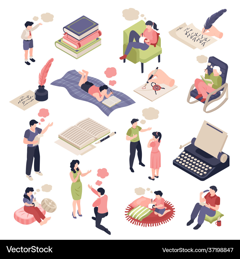 Poetry isometric icons set Royalty Free Vector Image