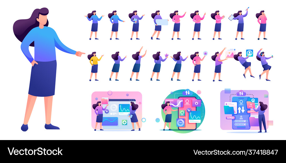 Set young woman presentation in various Royalty Free Vector