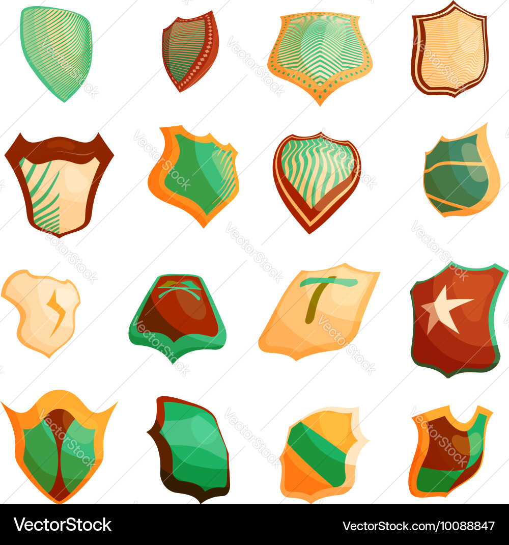 Shield icons set in cartoon style Royalty Free Vector Image