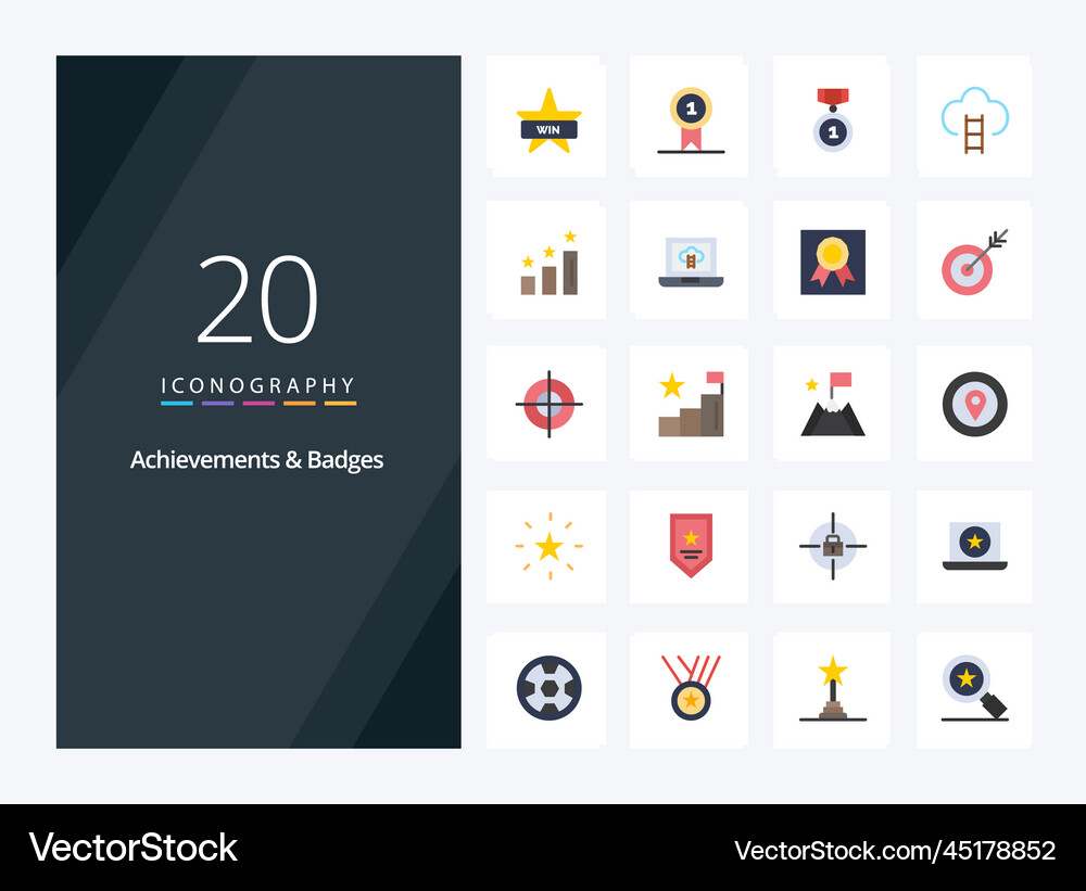 20 achievements badges flat color icon Royalty Free Vector
