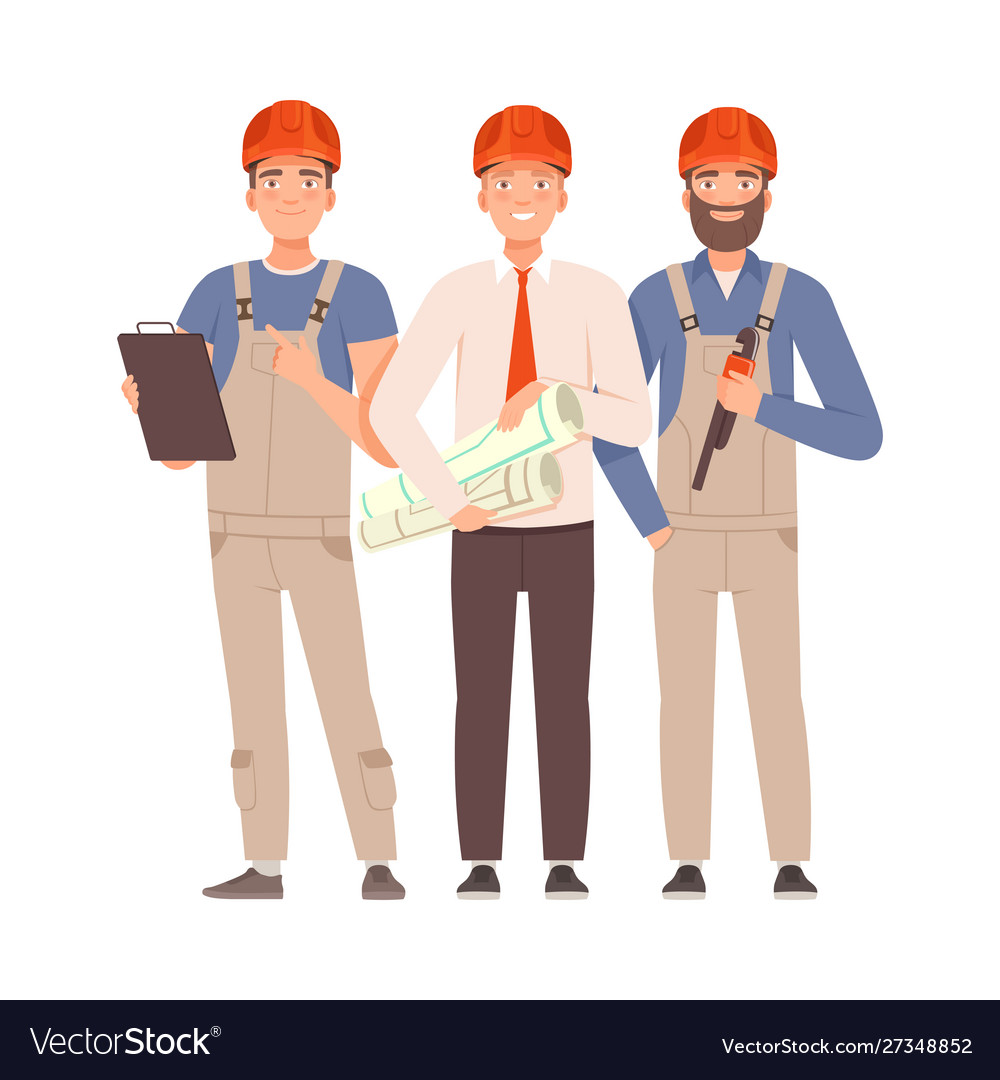 Engineer and two builders with tools Royalty Free Vector