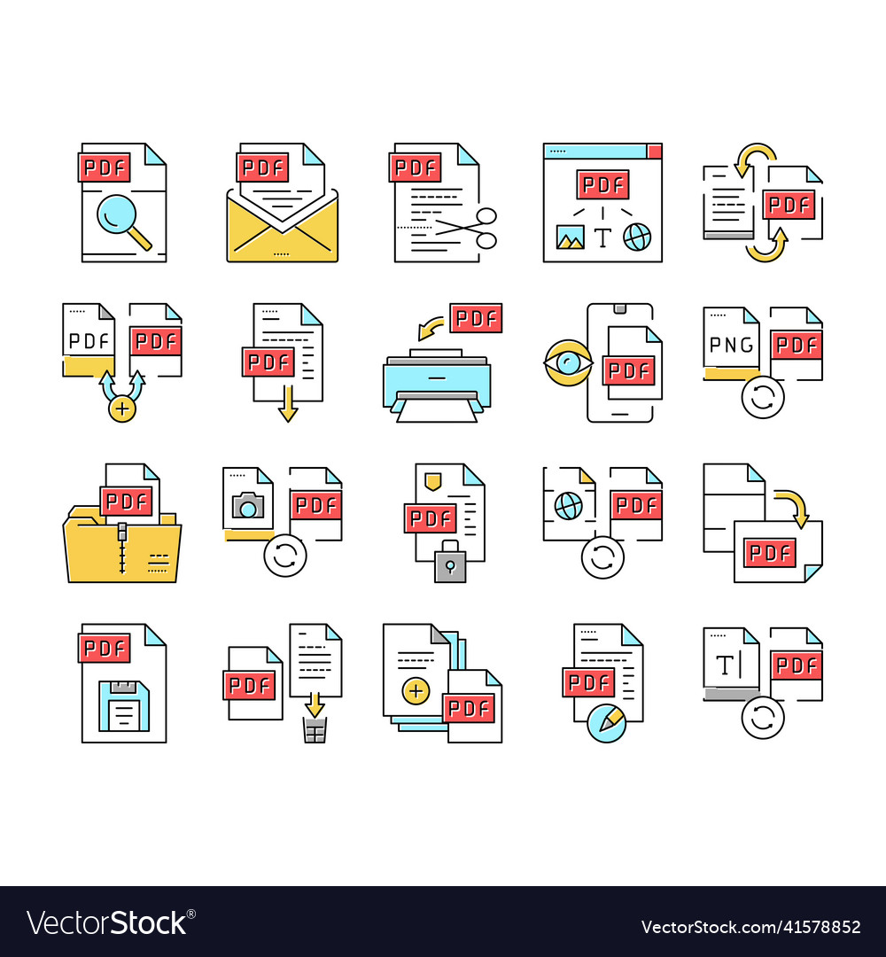 Pdf electronic file collection icons set Vector Image