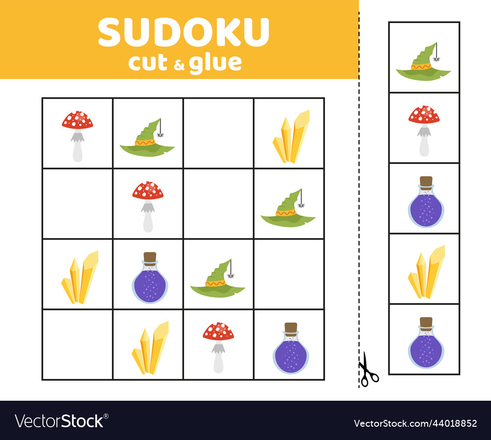 Sudoku for kids with hat magic crystals amanita Vector Image Sudoku for kids with hat magic crystals amanita Vector Image