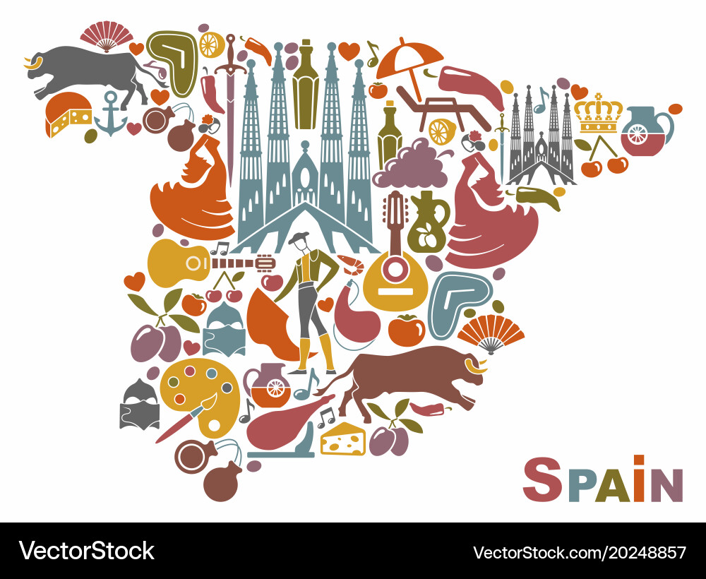 Traditional symbols spain in form a map Royalty Free Vector