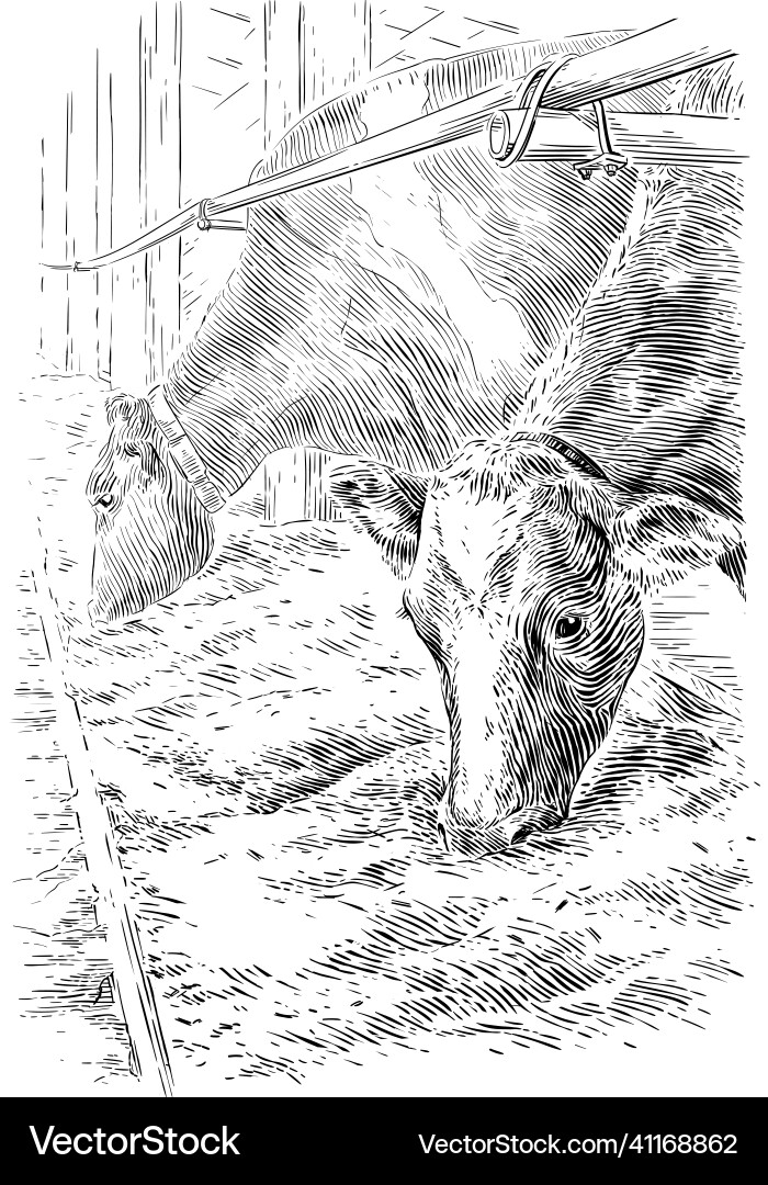 Feeding cows with hay hand drawing sketch Vector Image