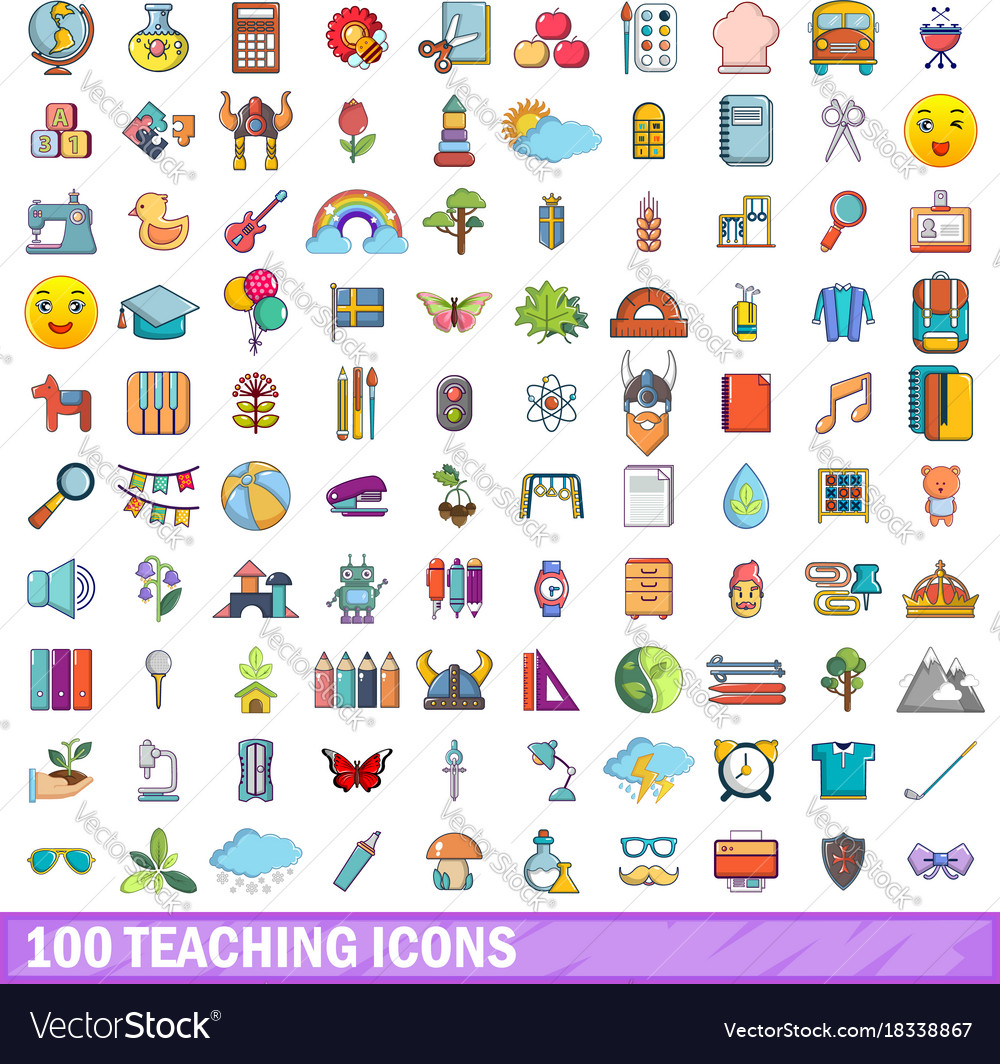 100 teaching icons set cartoon style Royalty Free Vector