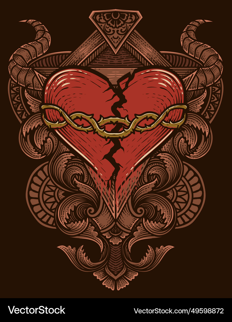 Hand drawn broken heart with engraving ornament Vector Image