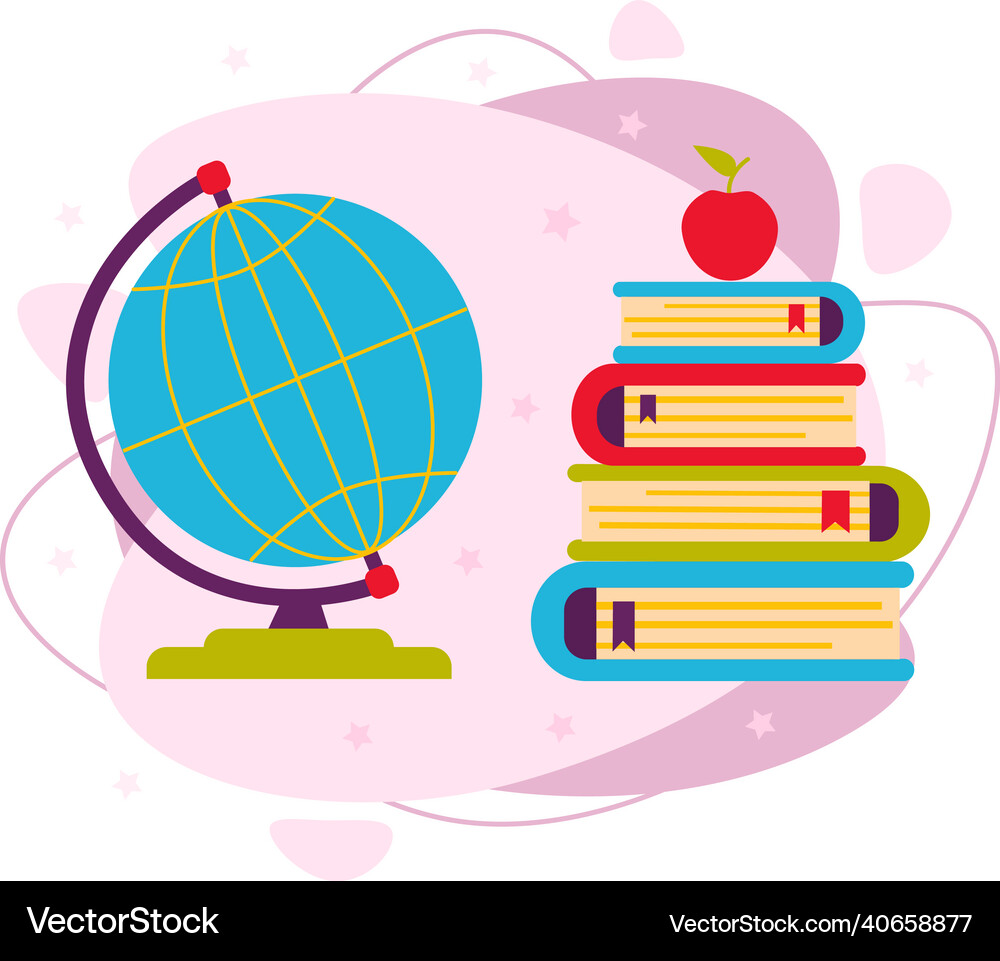 An apple to a stack of books and a globe Vector Image
