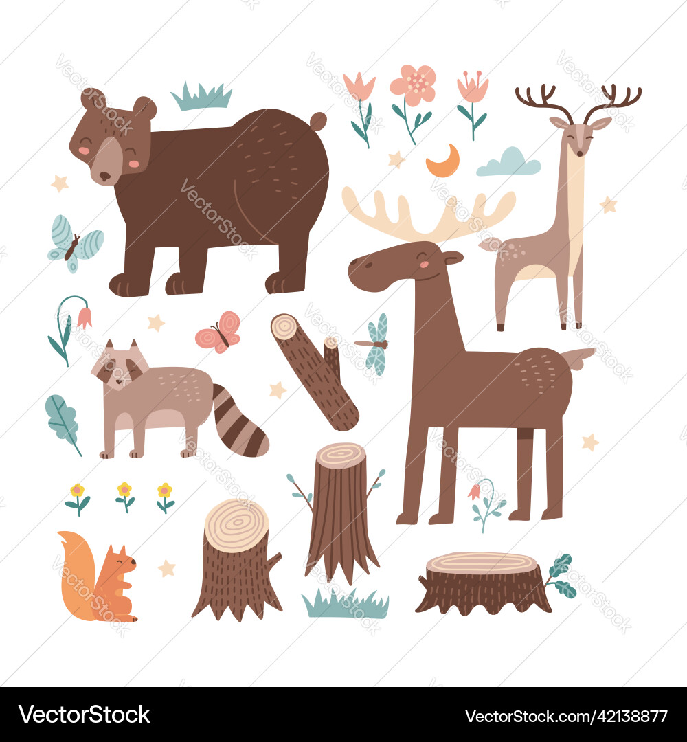 Cute wild forest animals clipart collection Vector Image