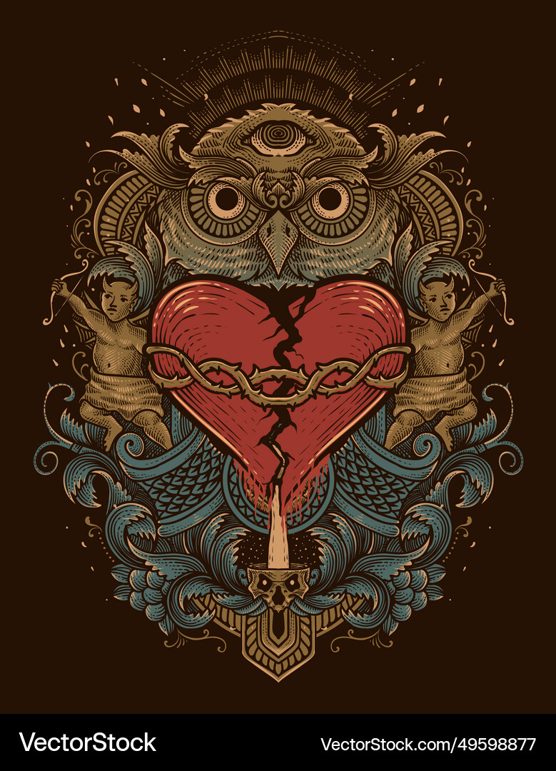 Hand drawn broken heart with engraving ornament Vector Image