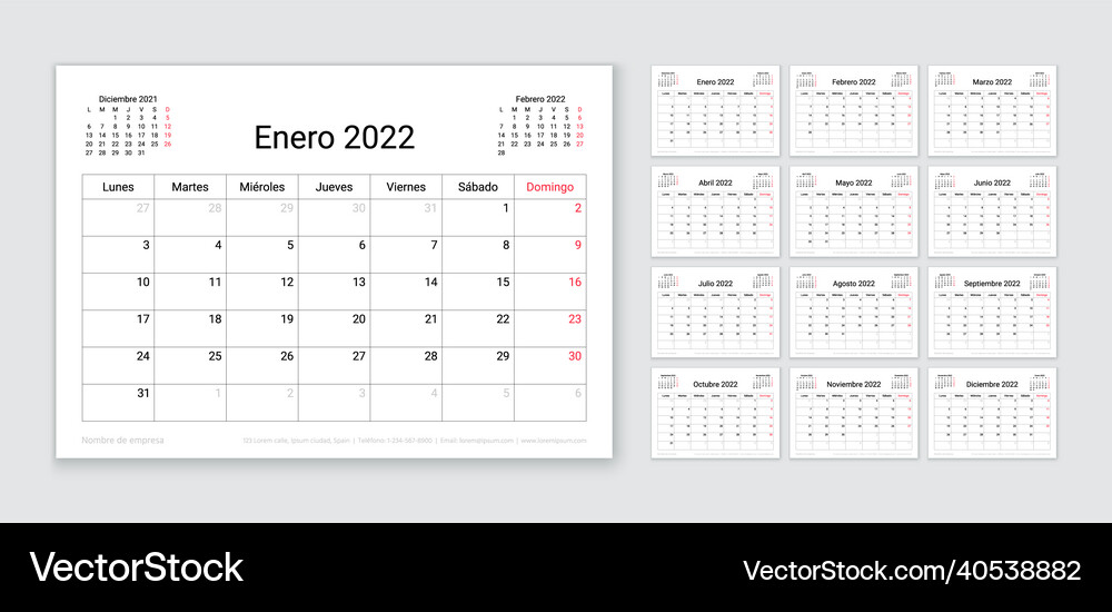 2022 spanish calendar table planner layout Vector Image