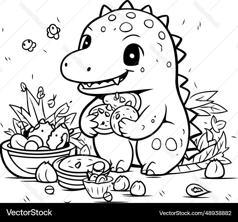 Cute dinosaur with eggs and vegetables Royalty Free Vector