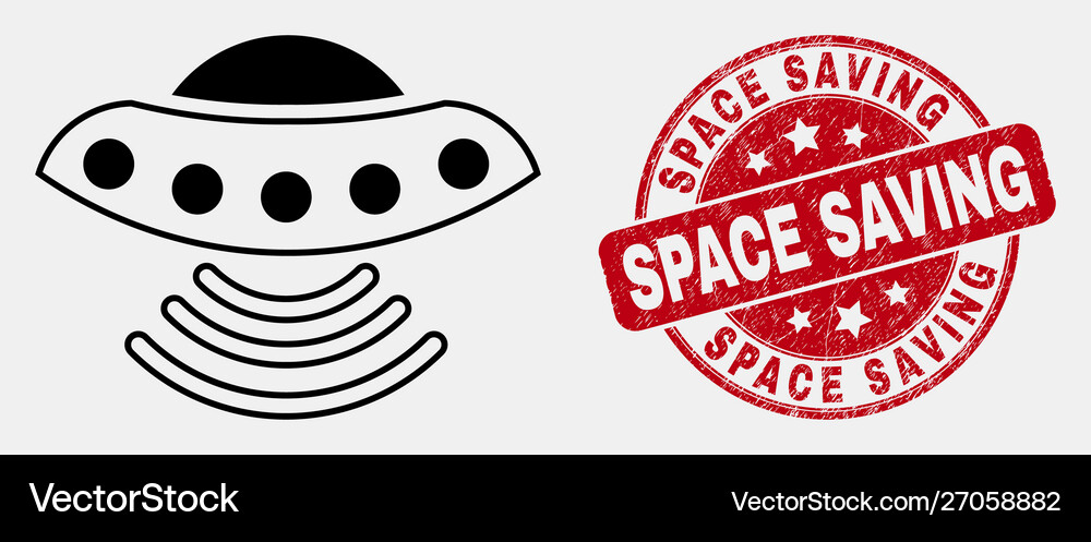 Line ufo icon and grunge space saving stamp Vector Image