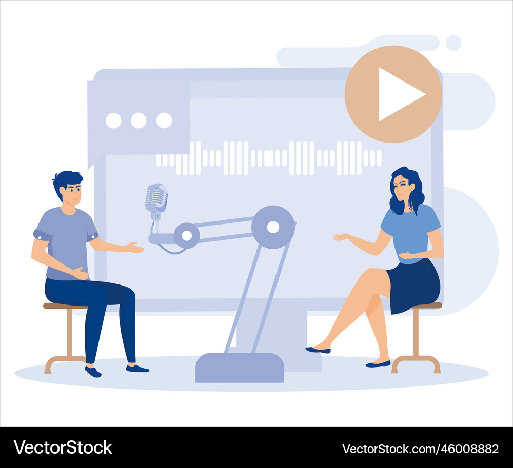 Podcast characters in radio studio speaking Vector Image