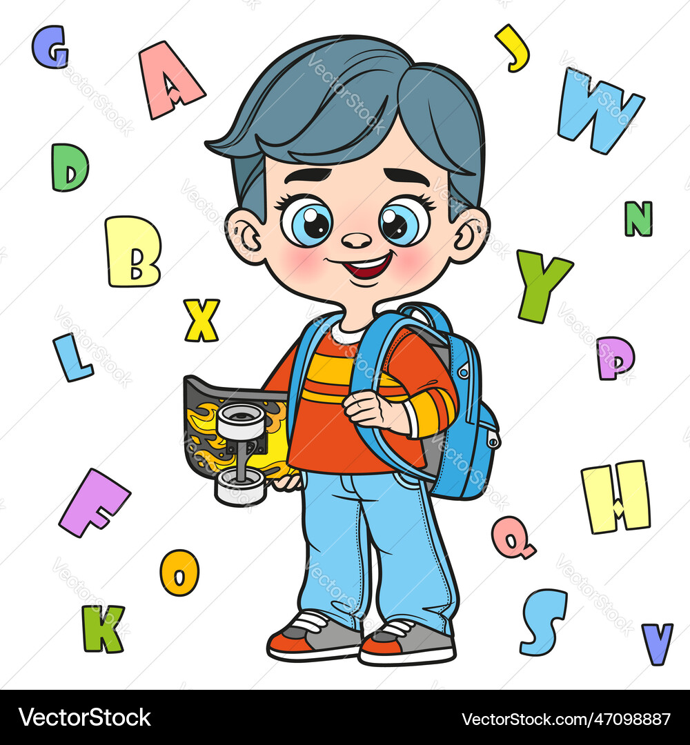 Cute cartoon boy with school backpack holding Vector Image
