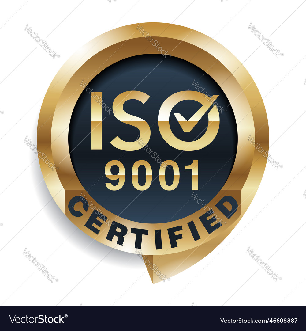 Iso 9001 golden medal emblem in pin form Vector Image