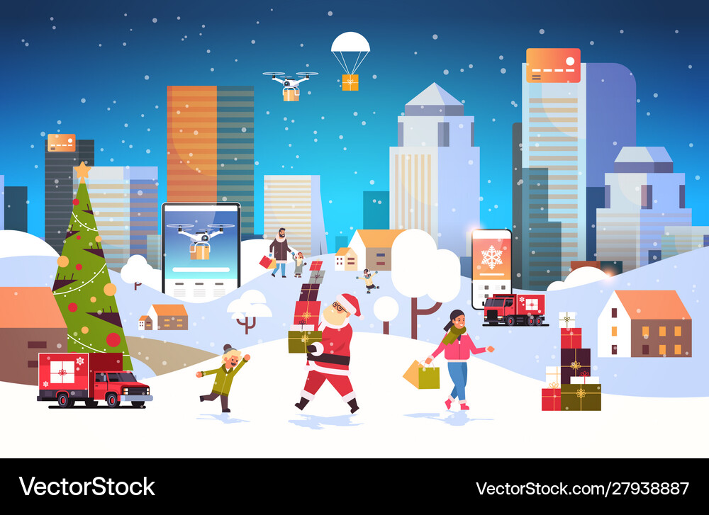 Santa claus carrying gift boxes people Royalty Free Vector