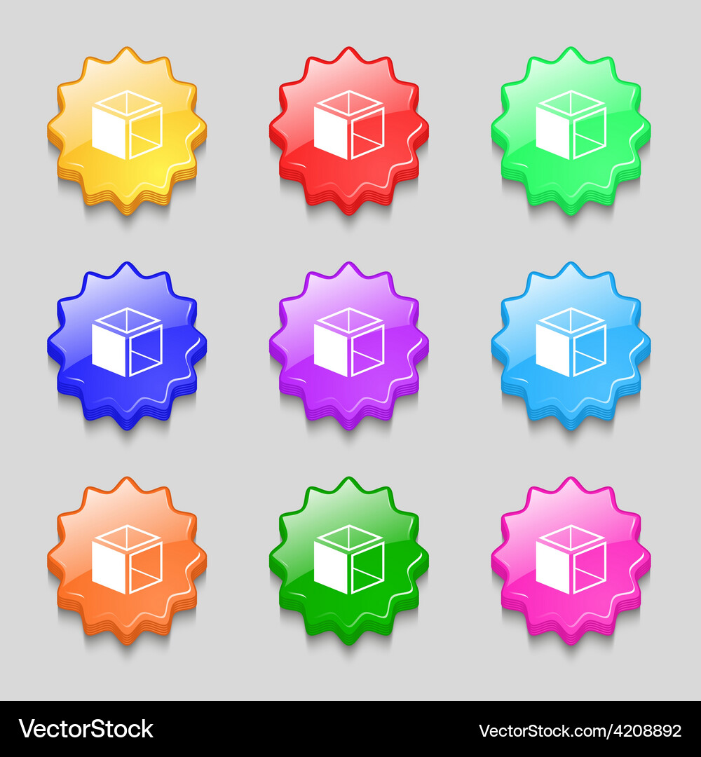 3d cube icon sign symbol on nine wavy colourful Vector Image